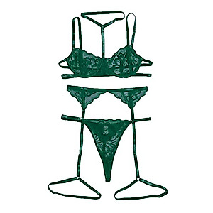 Lilosy Sexy Choker Floral Lace Scallop Sheer Underwire Push Up Garter Belt Lingerie Set for Women See Through Bra and Panty 3 Piece Army Green X-Small