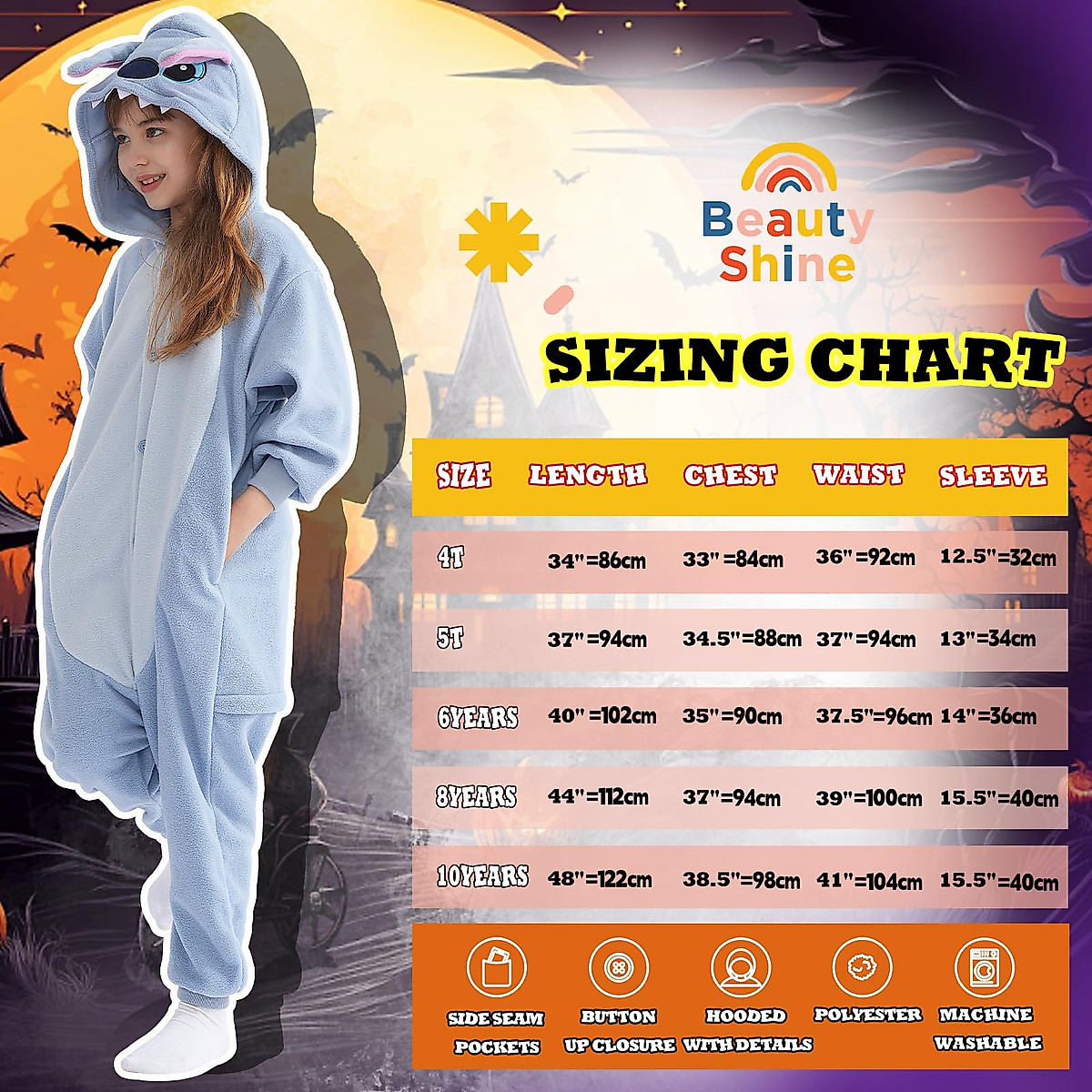 Beauty Shine Onesie Cartoon Animal Costume One Piece Pajamas Cosplay Halloween Christmas Sleepwear Jumpsuit Homewear (US, Age, 8 Years, Stitch)