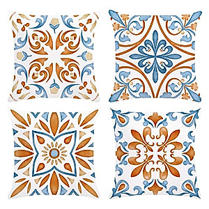 Bonhause Boho Outdoor Pillow Covers 18x18 Set of 4 Two Sided Mandala Floral Decorative Pillow Cases Soft Velvet for Couch Sofa Balcony Home Decor