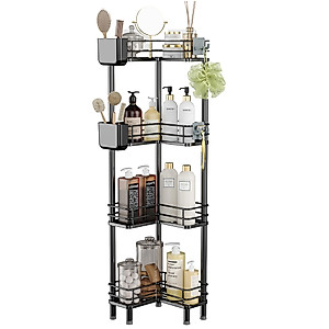 Vetacsion Corner Shower Caddy with Toothbrush Shelves, 4 Tier Standing Rustproof Shower Organizer, Metal Floor Shower Shelves for Bathroom Storage