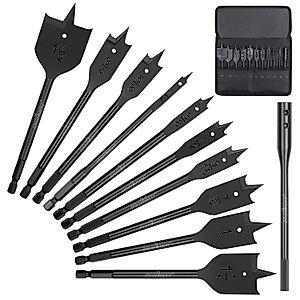 SEDY 11-Pieces Spade Drill Bit Set, Paddle Flat Bits with Extension for Woodworking, Industrial Grade Carbon Steel Black Coat, 1/4" to 1-1/2" with Storage Bag and Exquisite Packaging