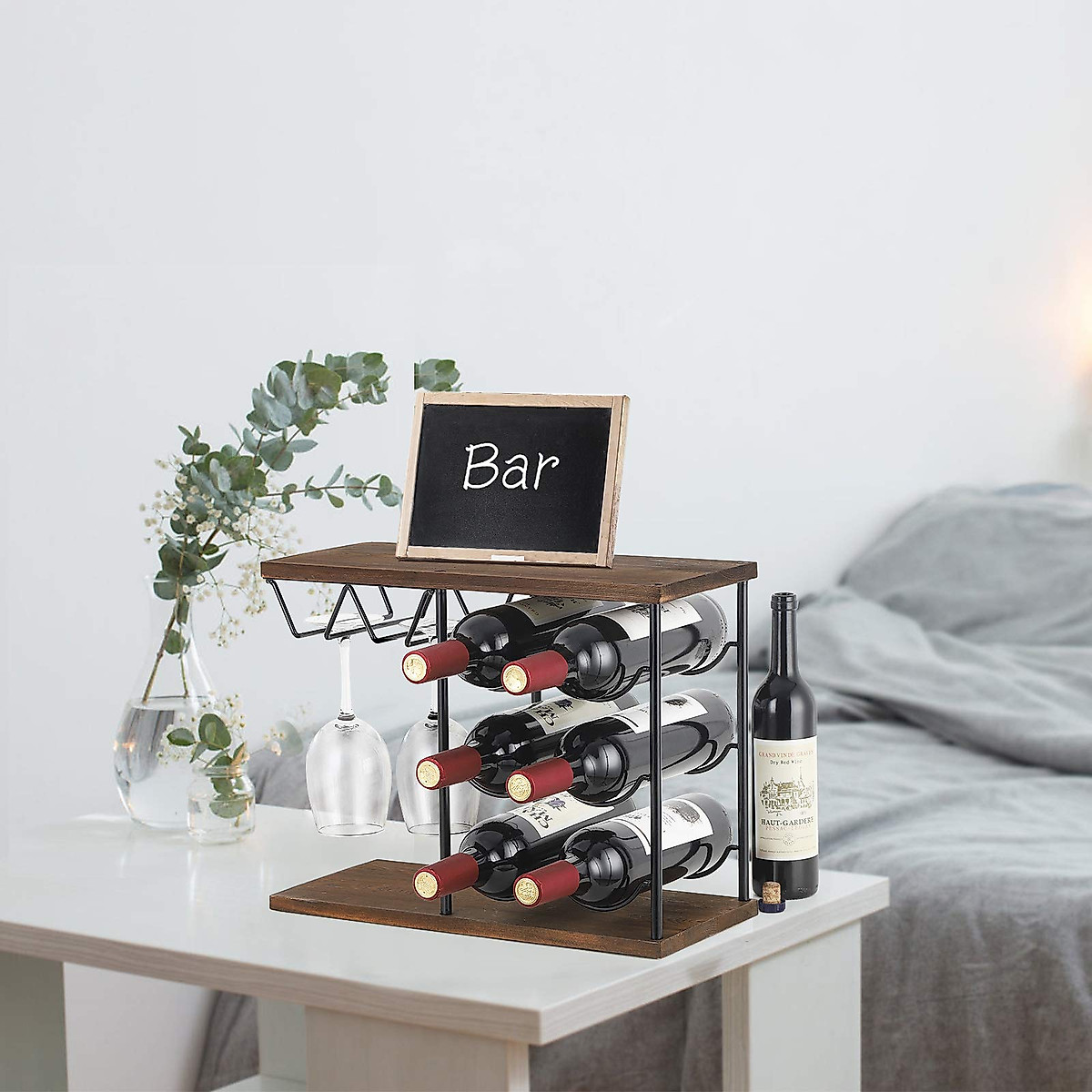 MOOACE Wine Glass Rack Free Standing Floor, Metal & Wood Countertop Wine Holder, 6 Bottles and 4 Glasses Stand