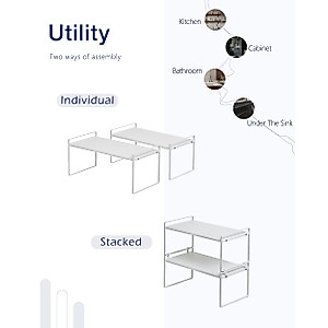 Nxconsu 2Pack Cabinet Shelves Stackable Shelf Organizer Rack Riser for Kitchen Cabinet Pantry Cupboard Counter Countertop Home Organization Storage Space Saver Heavy Duty Metal Nonslip White