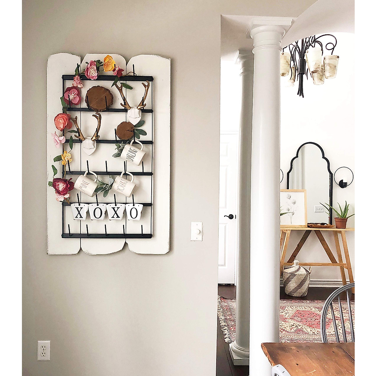 Wall Mounted Coffee Mug Rack - Large Rustic Black Iron Steel Kitchen Rack with 6 Rows - Storage for 27 Cups - Jar & Plate Holder - Vertical Display Organizer - Farmhouse Home Décor - Claimed Corner