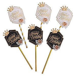 Amosfun Crown Cake Toppers Hexagon Cake Inserts Elegant Cupcake Decor Party Supplies (White+ Black) for Party Cake Decortion