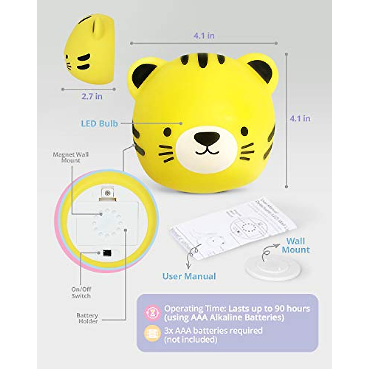 SomeShine Kids Night Light - Detachable Tiger Wall and Desk Kawaii Lamp with Mount, Touch Operation, 1 Hour Auto-Off Timer, and Adjustable Brightness, Safe and Durable Nursery Night Light for Kids