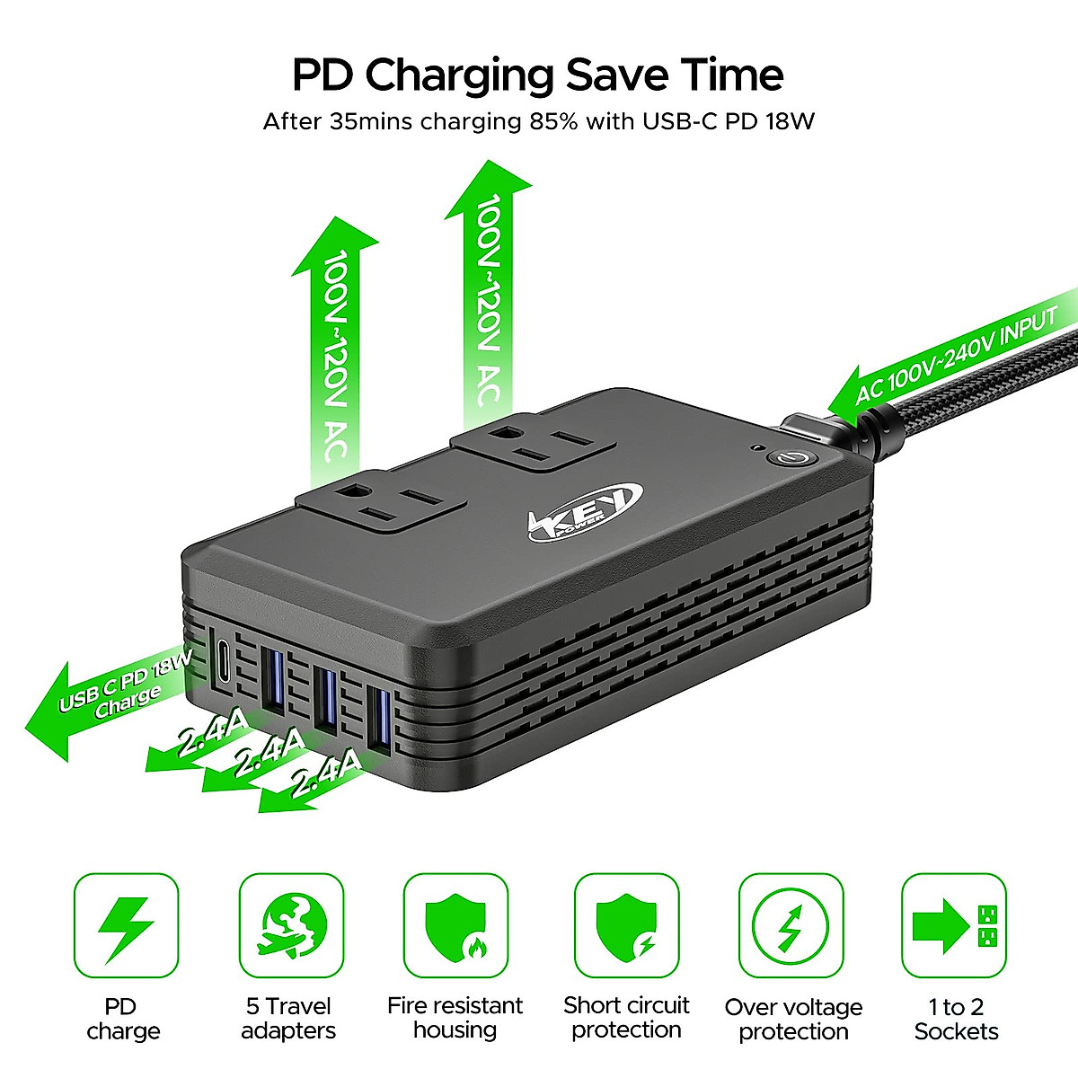 230w Voltage Converter 240V/220V to 120V/110V Key Power International Power Converter Travel Kit - Travel Adapter Use for USA Appliance Hair Straightener, Overseas in Europe, Australia, UK, Italy, etc