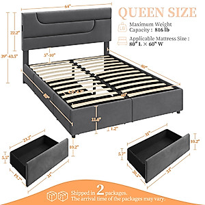 Yaheetech Queen Bed Frame Upholstered Platform Bed with USB Charging Station/4 Storage Drawers/Streamlined Headboard/Mattress Foundation/No Box Spring Needed/Strong Wooden Slats, Dark Gray Queen Bed