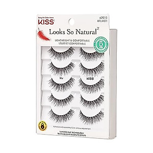 KISS Looks So Natural, False Eyelashes, Shy', 12 mm, Includes 5 Pairs Of Lashes, Contact Lens Friendly, Easy to Apply, Reusable Strip Lashes, Glue On