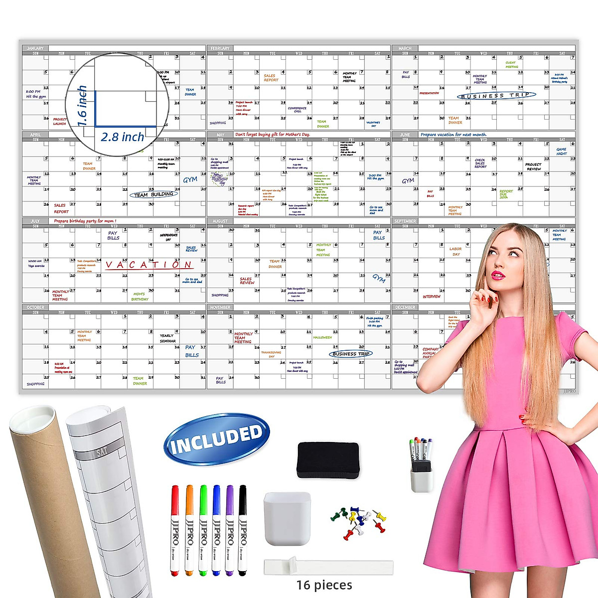 Large Dry Erase Wall Calendar - 60“ x 38" Undated Blank Yearly Planner - Giant Whiteboard 12 Month Poster - Premium Laminated Calendar for Classroom, Office, Project & Family Schedule