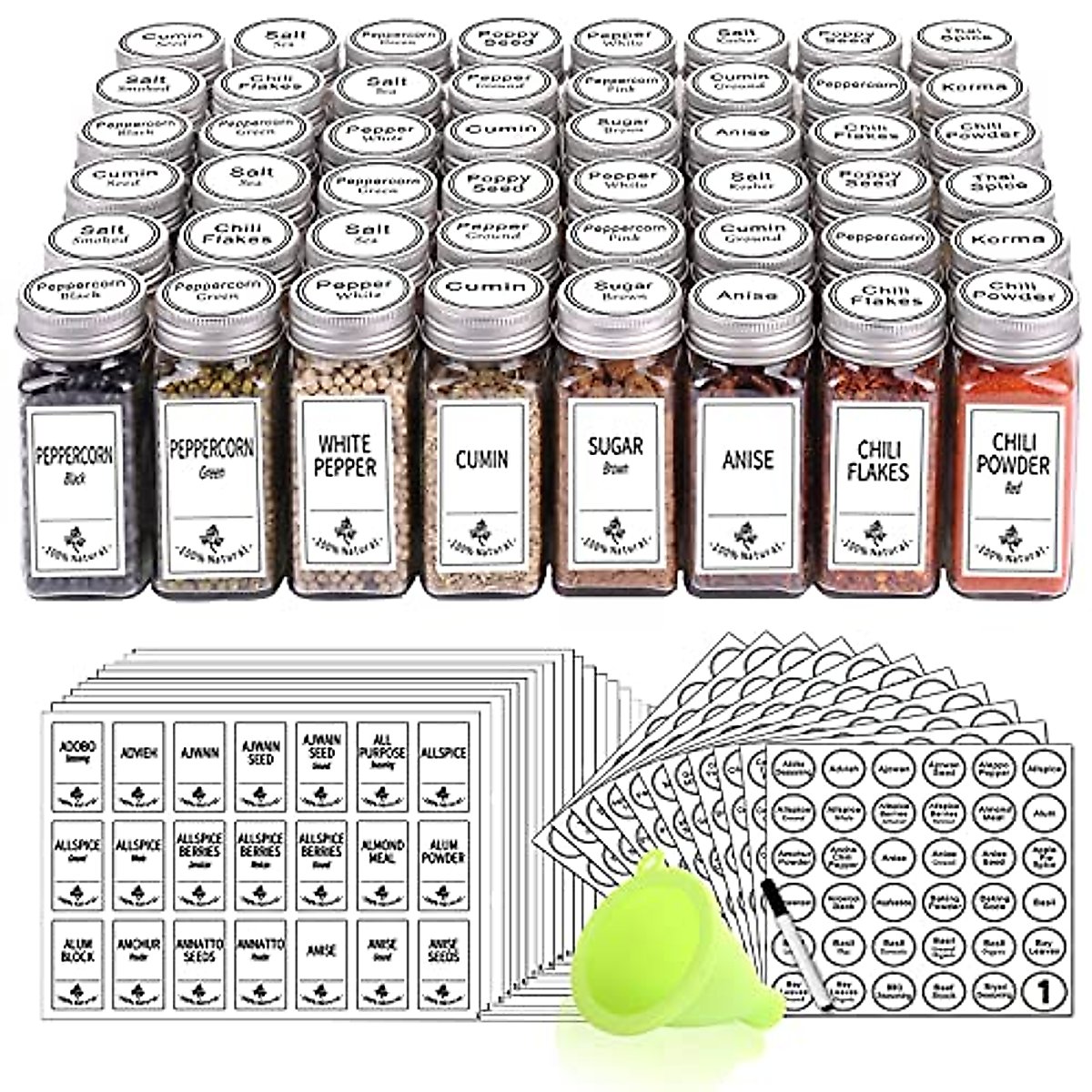 SWOMMOLY 48 Glass Spice Jars with 806 White Spice Labels, Chalk Marker and Funnel Complete Set. Square Spice Bottles 4 oz Empty Spice Containers, Airtight Cap, Pour/sift Shaker Lid
