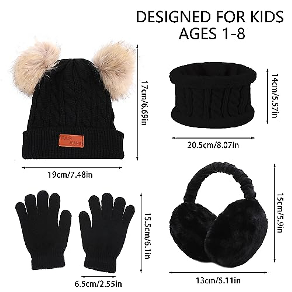 Fuyamp Kids Winter Hat Scarf Earmuffs and Gloves Set for 1-8 Year Girls and Boys, Knit Warm Toddler Winter, Lined Thermal Sets with Pompom(1-8 Year black)
