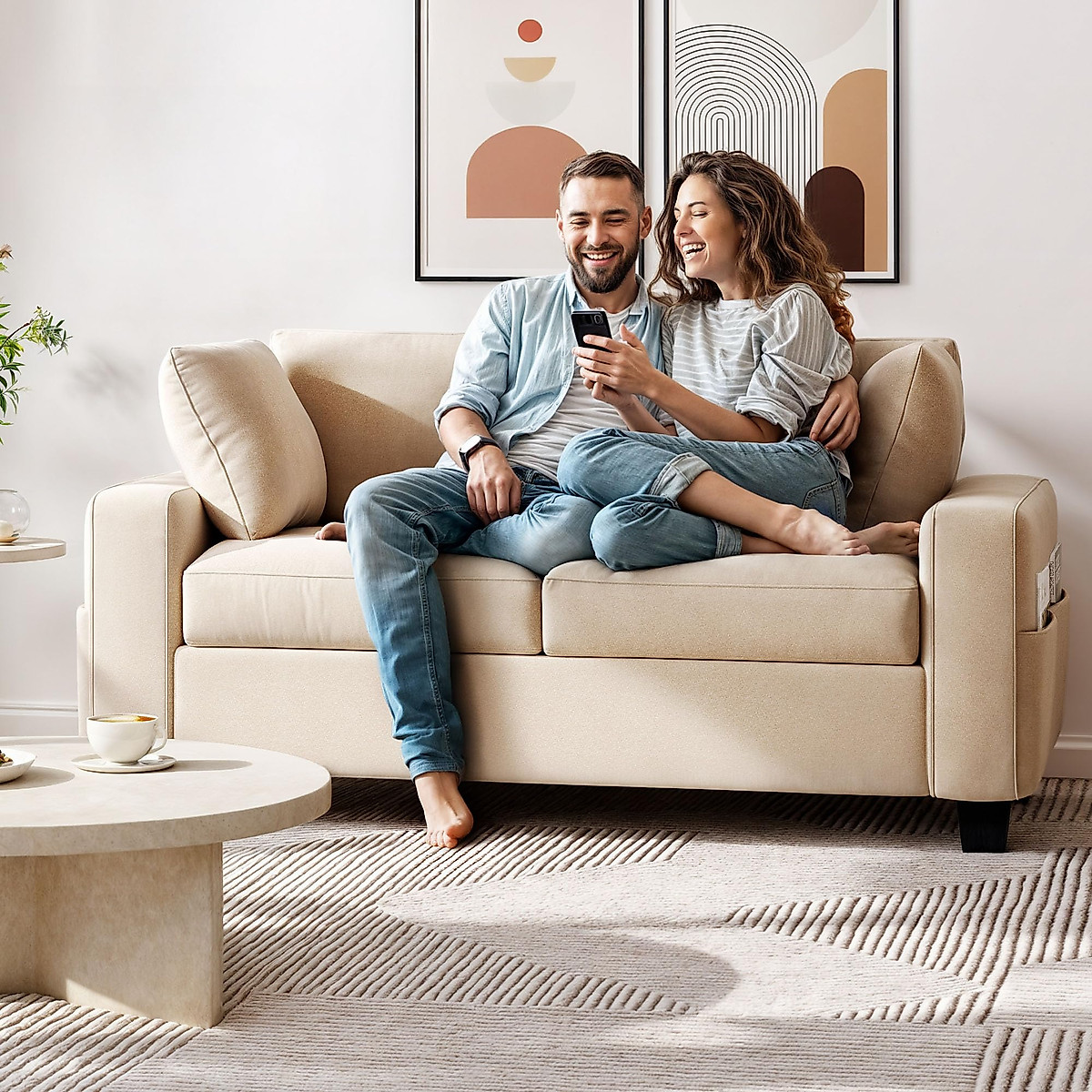 DWVO 60" Sofa, Comfy Upholstered Sofa Couch with Extra Deep Seats, Modern Loveseat for Living Room Apartment Office, Fabric 2 Seater Couch with Side Pockets, Easy Assembly, Beige Chenille