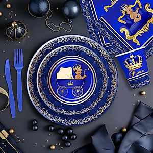 Xenorik Royal Prince Baby Shower Decorations Party Tableware Boys - Blue Gold Little Prince Baby Boy Decorations Supplies, Plate, Napkin, Cup, Cutlery, Prince Baby Boy Table Decorations | Serve 24