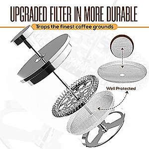 Utopia Kitchen - 304 Grade Stainless Steel French Press Coffee Maker 34oz (1 Litre) with 4 Level Filtration System - Double Wall Insulated Coffee Press with 2 Extra Filters - Silver