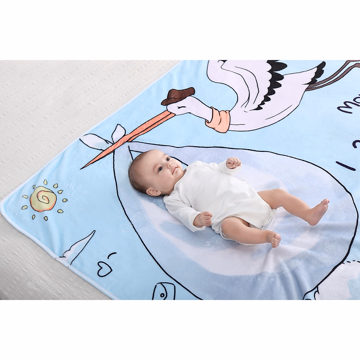 Baby Monthly Milestone Blanket Stork Carrying Baby Newborn Month Flannel Fleece Blanket Neutral Unisex Baby Boy Baby Girl Shower Gifts Double Sided Star 60" L x 40" W