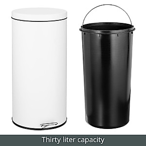 mDesign Tall 30 Liter / 7 Gallon Large Round Metal Lidded Step Trash Can, Thin Compact Garbage Bin with Removable Liner Bucket for Bathroom, Kitchen, Craft Room, Office, Garage - White