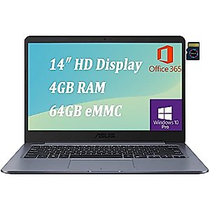ASUS VivoBook E14 Thin and Light Laptop I 14″ HD Display I Intel Celeron N3350 I 4GB RAM 64GB eMMC I Intel HD Graphics 500 I HDMI Office 365 (1-Year) Win10 Pro + 32GB MicroSD Card