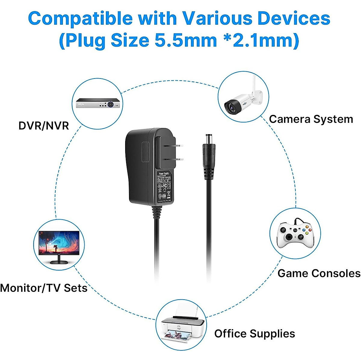 Hiseeu 12V 1A Power Supply, AC 100-240V to DC 12V 1A 1000mA Power Adapter, 5.5 x 2.1mm, 10 Feet Power Cord, FCC, Power Supply for Security Cameras, Routers, LED Strip Lights, Home Appliances, Scanner