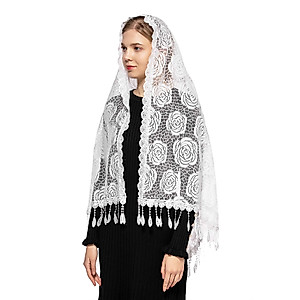 Wgior Rose Rectangular Chapel Veil Scarf Catholic Church Veils Mantilla Wrap Shawl Mass Head Covering (White)
