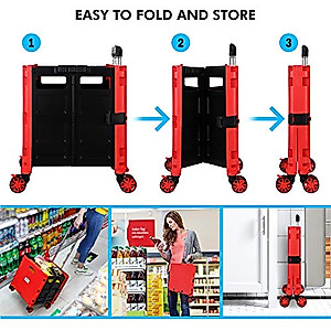 Rolling Cart with Wheels Folding Portable Plastic Crate Foldable Utility Handle Handcart with Lid 4 Wheeled Grocery Storage Heavy Duty Collapsible Mobile Trolley Box for Shopping, Office, Travel
