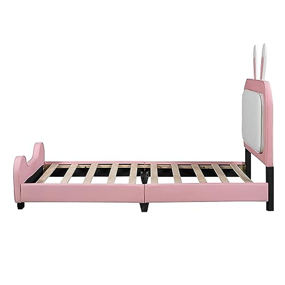 Bellemave Twin Size Upholstered Rabbit-Shape Princess Bed,PU Upholstered Twin Platform Bed with Slat Supports, Kids Twin Size Bed Frame for Boys Girls(White+Pink)