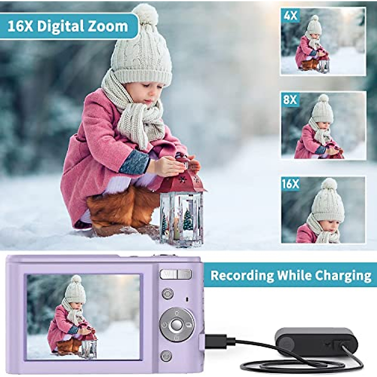 Digital Camera, FHD 1080P 36MP Video Camera Rechargeable Kids Camera with 16X Digital Zoom & 2 Batteries, Compact Point and Shoot Portable Small Camera for Teens Students