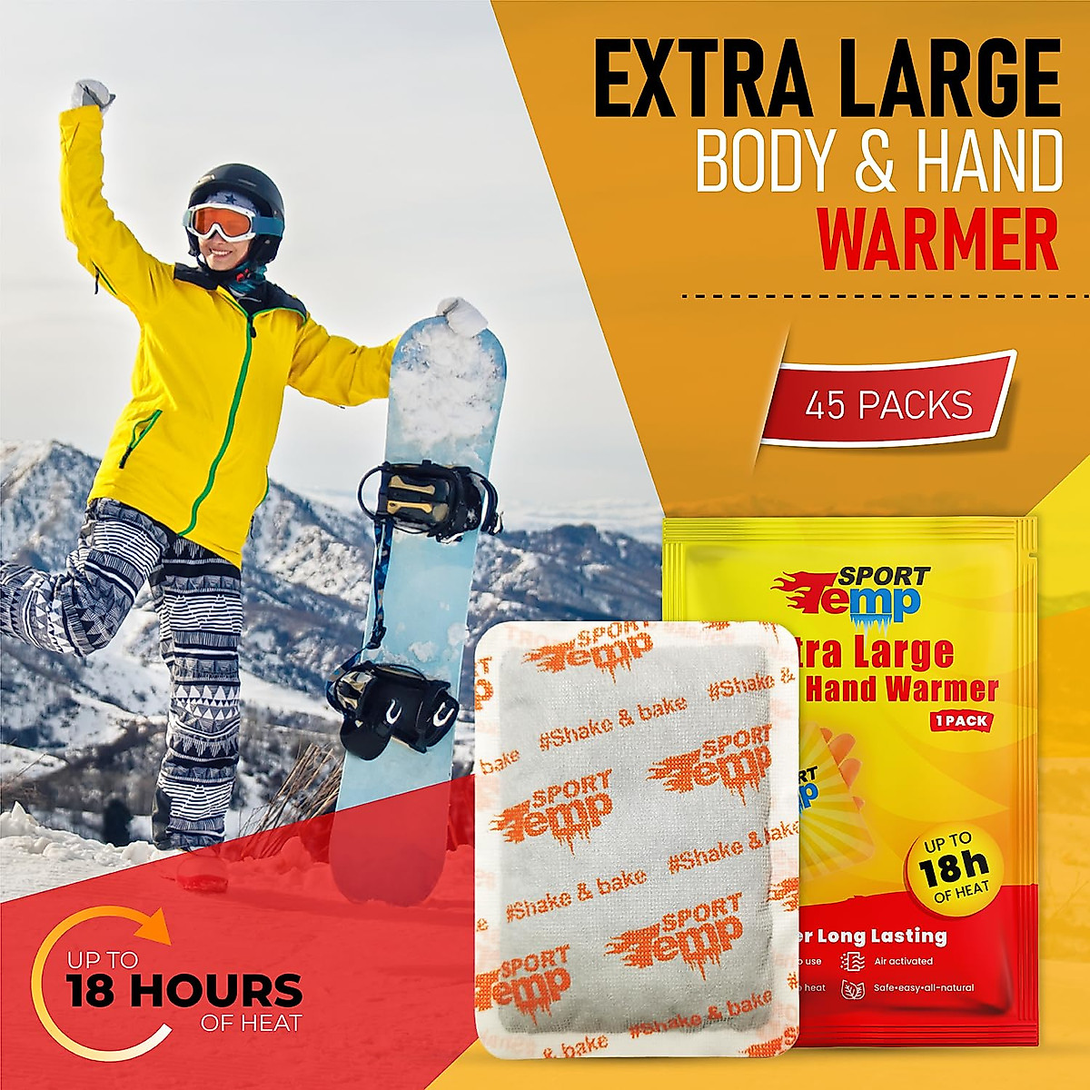 Large Hand & Body Warmers (45 Count) - Up to 18 Hours of Heat, Super Long Lasting - Easy, All Natural - Air Activated, for Body, Hands & Toes - Odorless Hot Hand Warmer - Sport Temp (45 Pack)
