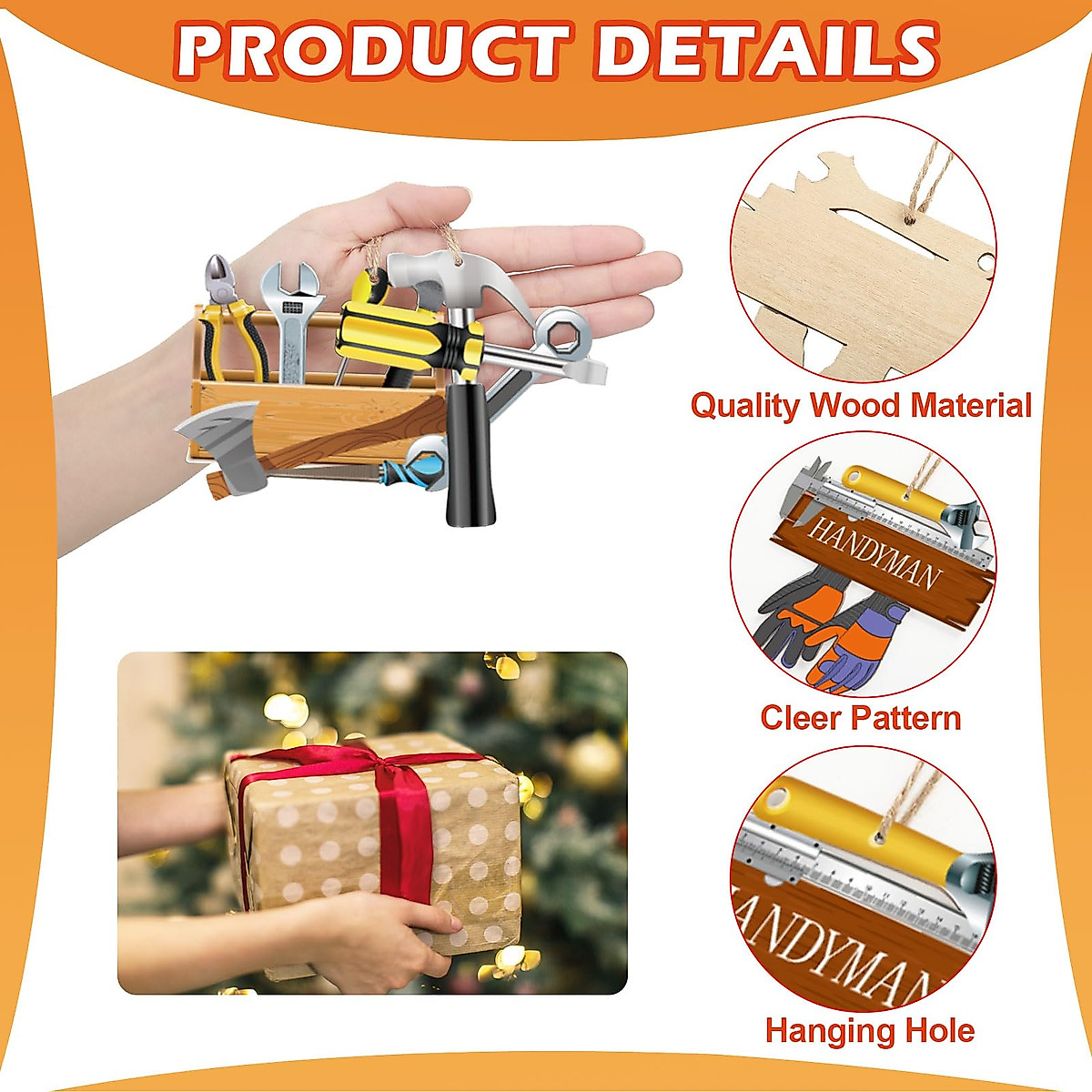 Suzile 36 Pcs Christmas Construction Tools Ornament Wooden Hanging Handyman Belt Board Wood Axe Plier Hammer Tool Christmas Tree Ornament for Xmas Party Holiday Decor