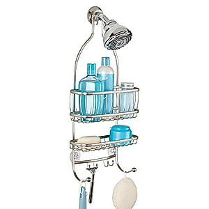iDesign York Metal Wire Hanging Shower Caddy, Extra Wide Space for Shampoo, Conditioner, and Soap with Hooks for Razors, Towels, and More, 10" x 4" x 22", Satin Silver