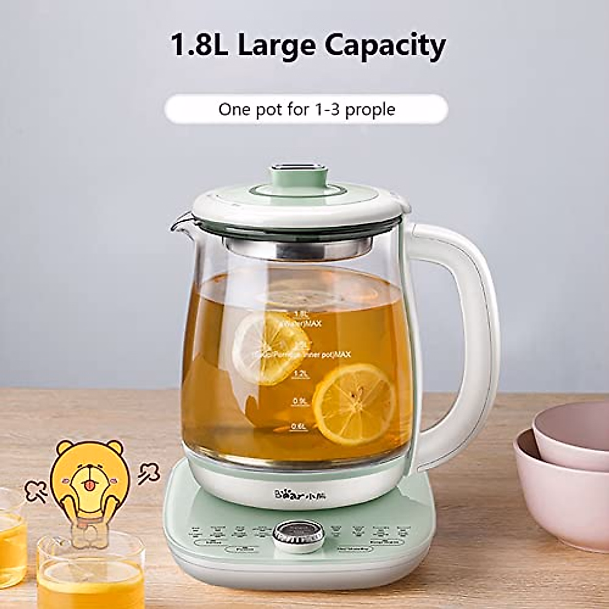 Bear YSH-C18S2 Health Pot, Electric Kettle Tea Maker with Infuser, Glass Kettle & Stew Pot, 16 Menus 1.8L 120V, Green