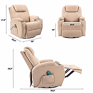 Flamaker Rocking Chair Recliner Chair with Massage and Heating Swivel Ergonomic Lounge Chair Classic Single Sofa with 2 Cup Holders Side Pockets Living Room Chair Home Theater Seat (Beige)