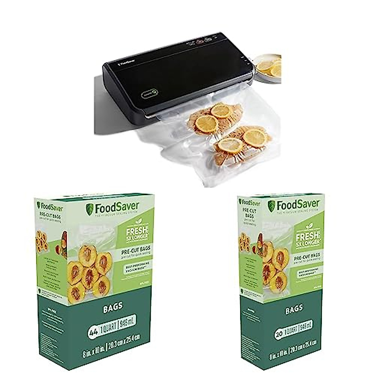 FoodSaver Vacuum Sealer Machine, Black & Vacuum Sealer Bags for Airtight Food Storage and Sous Vide, 1 Quart Precut Bags (44 Count) & 1-Quart Precut Vacuum Seal Bags, 20 Count