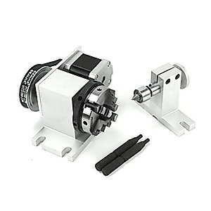 RATTMMOTOR K12-65mm Type Divding Head with 54mm Tailstock, Reducing Ratio 4:1 CNC 4th-Axis A-Axis Rotation-Axis, Indexing Head+K02-63mm 4 Jaw Chuck+Nema17 Stepper Motor for CNC Router Engraver Machine