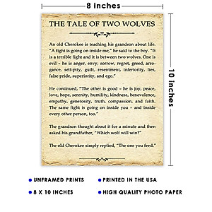 Motivational Wall Art Office Decor for Men & Women: "The Tale of Two Wolves" Literary 8x10 Inspirational, Motivational Poster & Positive Affirmations Wall Decor for Kids