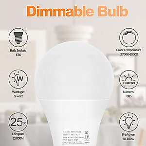 Brilvibera A19 LED Light Bulbs, E26 Dimmable Bulb with Remote Control, Warm White 2700k-6000K, 35000+ Hours Lifespan, Edison Dimmable LED Bulb for Floor Lamp, Desk Lamp, Pendant Light