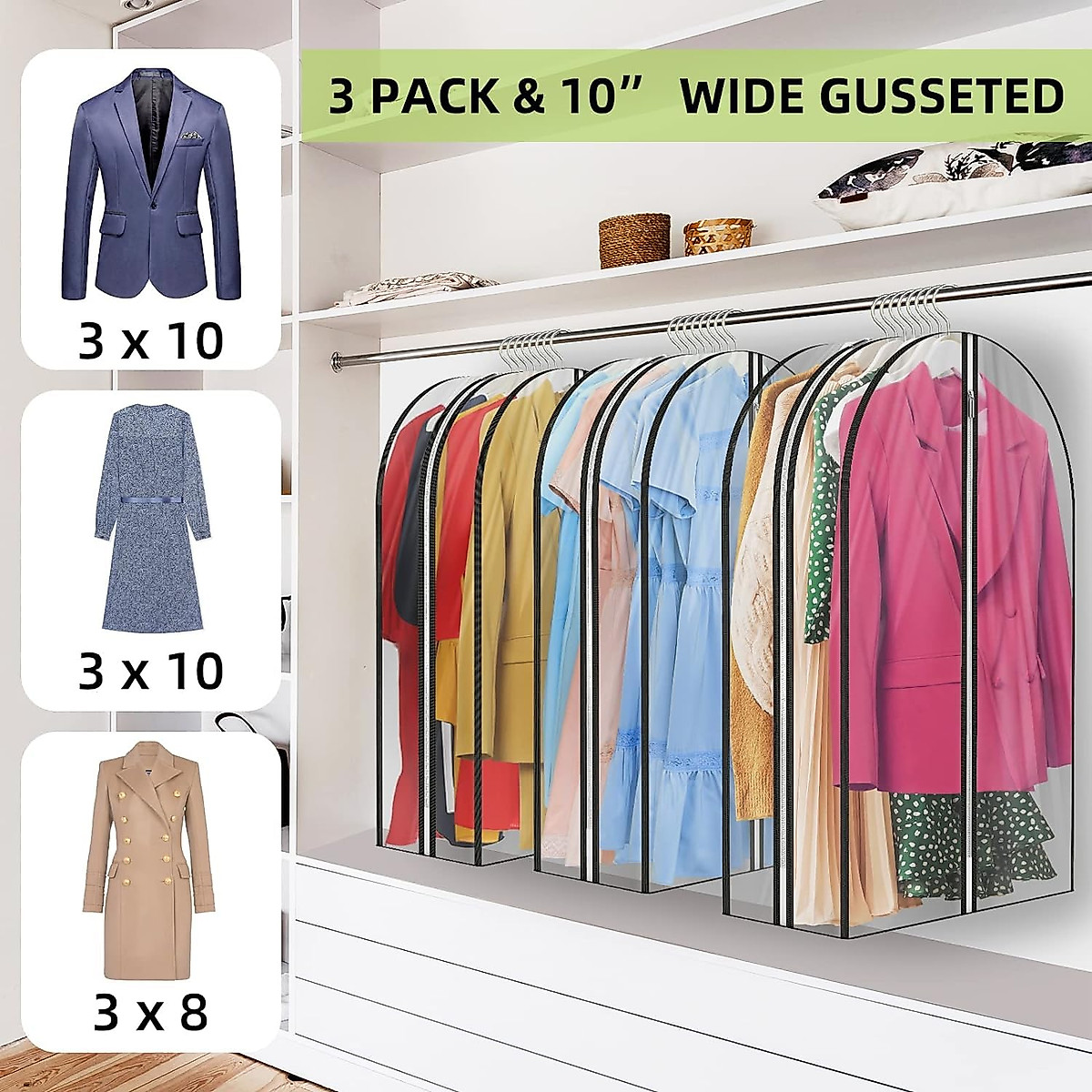 Walkpet 12" Gusseted All Clear Garment Bags for Hanging Clothes 40" Suit Bags for Storage of Coats, Dresses, and Shirts for Closet Storage Clothing Cover, 3 Packs