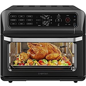 Chefman Air Fryer Toaster Oven Combo with Probe Thermometer, 12-In-1 Stainless Black Convection Oven Countertop, 10 Inch Pizza, 4 Slices of Toast, Cooking, Baking, Toasting, Roaster Oven Airfryer 20QT