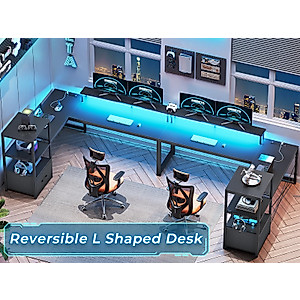 SEDETA L Shaped Gaming Desk, 51" Computer Desk with Storage Shelves, Gamer Desk with Power Outlets & LED Lights, Fabric Drawer, Monitor Stand and Hooks, Black