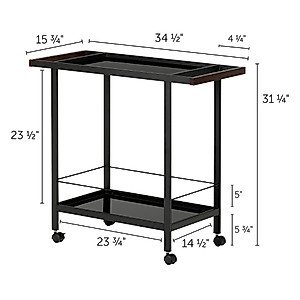 South Shore Metal Bar Cart on Wheels with Glass Shelves, Black Tempered Glass