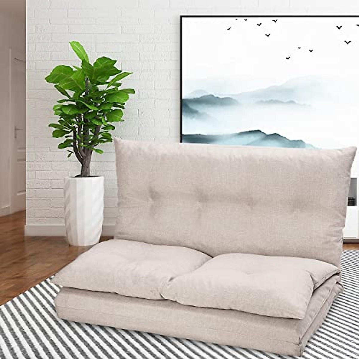 Floor Couch and Sofa Fabric Padded Sleepy Bed Five Adjustable Back Folding Lounge with Sponge + Steel Tube Material Beige Solid Modern Contemporary Pattern Handmade