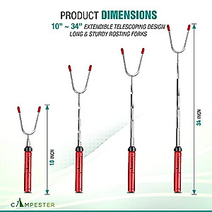 Campester Marshmallow Roasting Sticks with Wooden Handles, Set of 5 Telescopic Smores Skewers for fire Pit, Camping and Grilling, 34 inch extendable Stainless Steel Forks for Hot Dogs and Meat