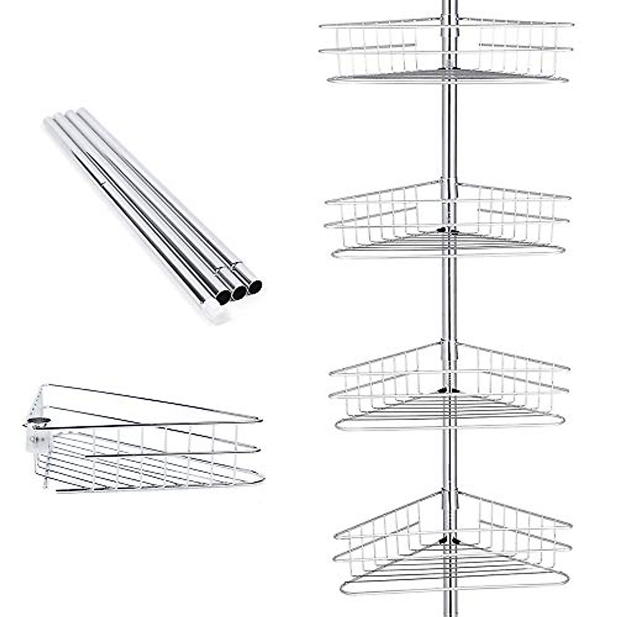 Gdrasuya10 4-Tier Bathroom Shower Shelf Rack storage basket with hook Constant Tension Corner Shower Caddy Shower Tension Pole Caddy 4-Shelf Rustproof Shower Tension Pole Caddy