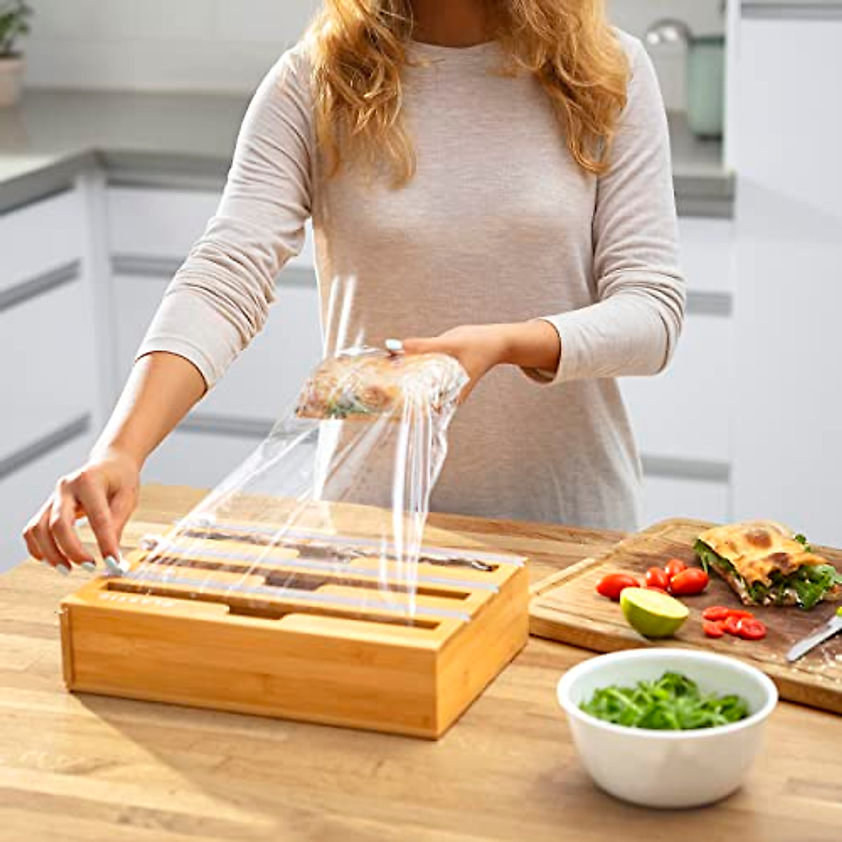 Bamboo Foil & Plastic Saran Wrap Dispenser with Cutter - Tin Foil Organizer for Drawer, Aluminum Foil Dispenser with Cutter, Plastic Wrap Organizer, Foil Paper, Aluminum Foil Organization and Storage