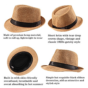 Ultrafun 5 Pack Short Brim Fedora Classic Summer Beach Sun Hat Panama Straw Cap for Men Women (5Pack-Black+White+Khaki+Blue+Wine Red)