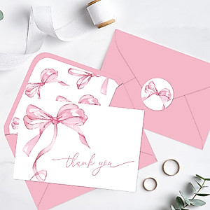 Whaline 24Pcs Pink Bow Thank You Cards with Envelopes and Stickers Watercolor Bow Greeting Cards Pink Blank Note Cards for Party Supplies