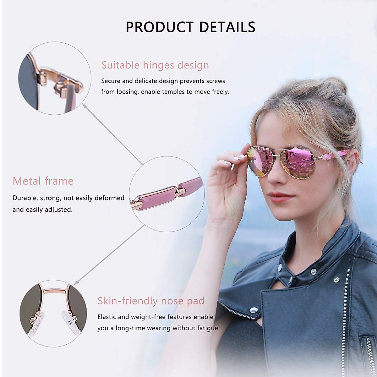 FONHCOO Polarized Sunglasses for Women Men, Oversized Aviator Sunglasses Metal Frame UV400 Protection(Pink)
