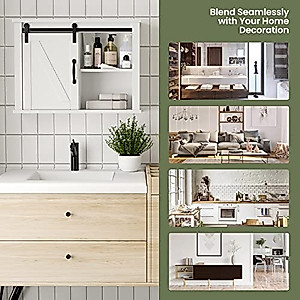 LOKO Rustic Medicine Cabinet with Sliding Barn Door, Bathroom Cabinet Wall Mounted with Adjustable Shelves, Small Bathroom Wall Cabinet Over Toilet, 8 x 27.5 x 20 inches, White