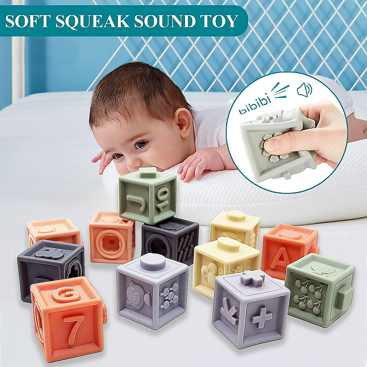 Kingtree Baby Blocks (Set of 12), Soft Silicone Building Blocks Squeeze Stacking Toys for 6+ Months Babies, Colorful Early Educational Puzzle Toy for Toddlers with Numbers Animals Shapes Textures