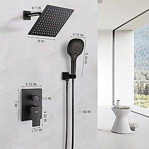 POP SANITARYWARE Black Shower System Bathroom Rainfall Shower Faucet Set Complete Wall Mounted 8 Inch Shower Head and Handle Set with Rough-in Valve Body and Trim Kit
